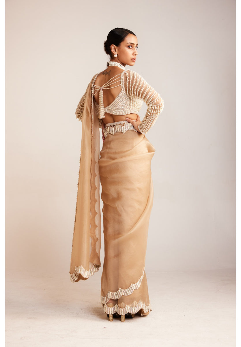 Beige Pearl Embellished Saree – House of Chic, New York