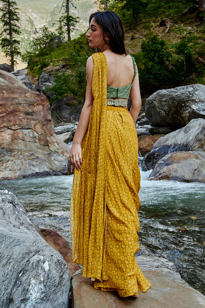 Flowy Ochre Yellow Pre-Draped Saree – House of Chic, New York